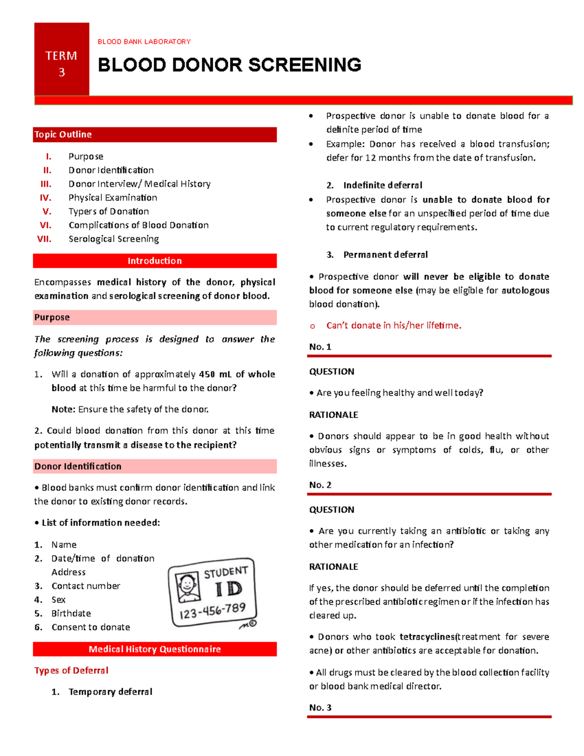 Blood Bank Laboratory Term 3: Blood Donor Screening Guide - Studocu