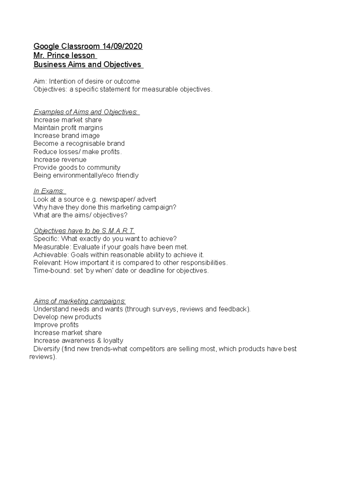 BTEC Business Unit 2: Understanding Aims and Objectives in Marketing ...