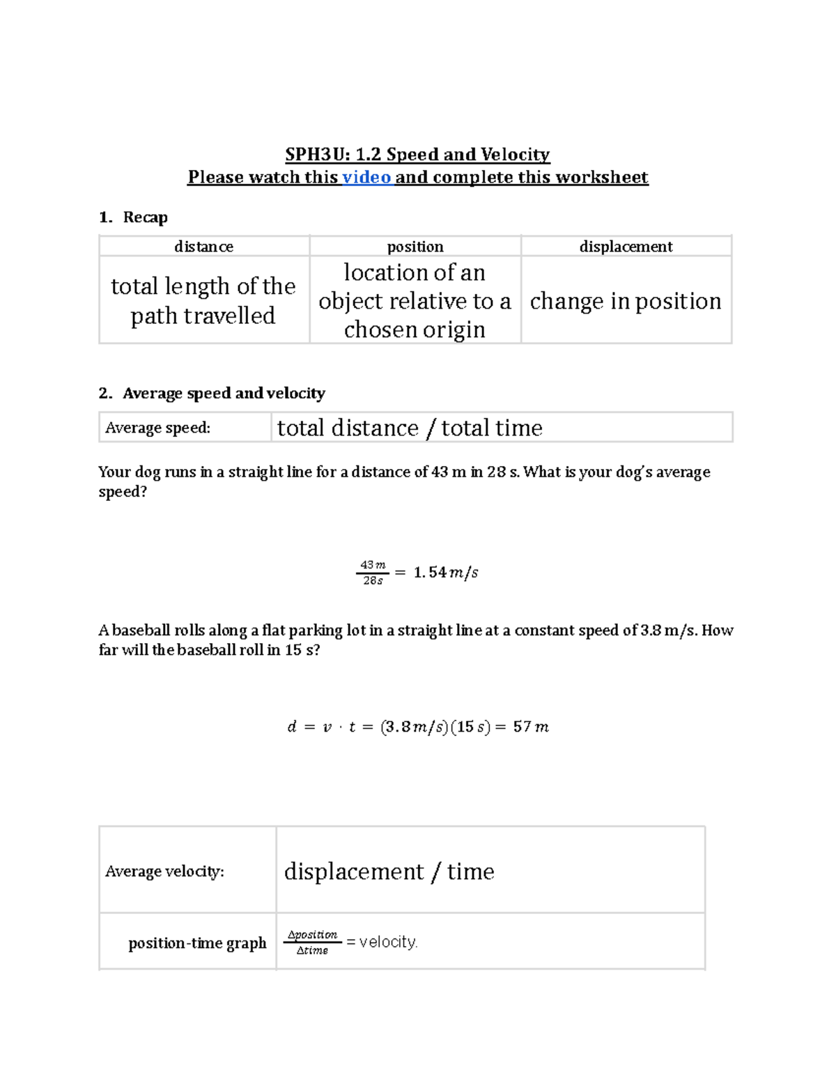 SPH3U: 1.2 Speed and Velocity Worksheet and Video Recap - Studocu