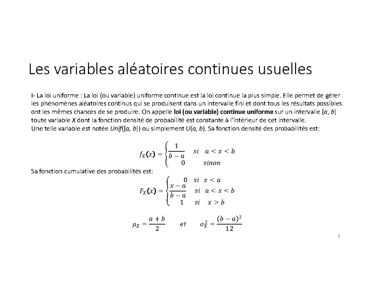 Lecture 8 - Notes sur les Variables Aléatoires Continues et Exemples ...