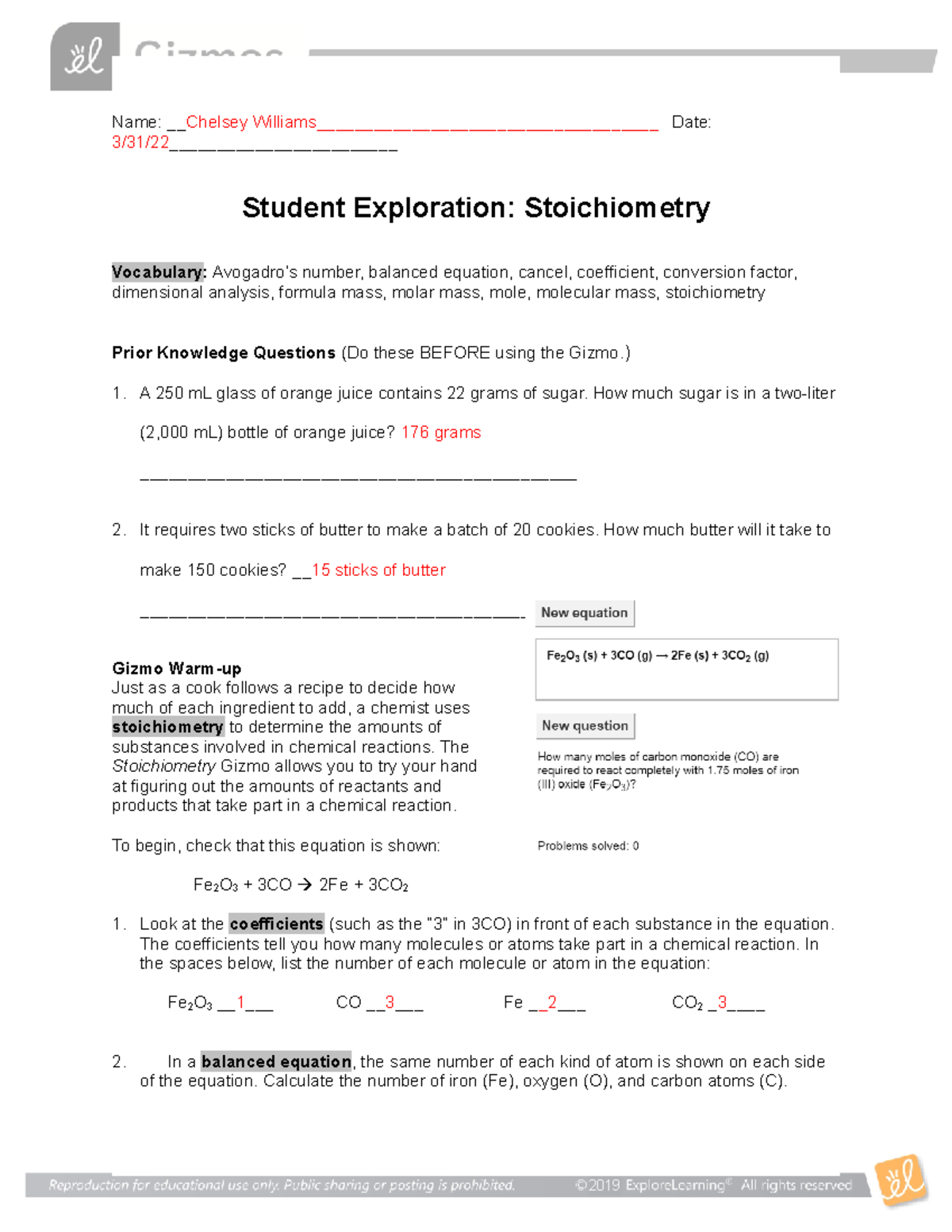 Gizmo Stoichiometry Worksheet Answers (3/31/22) - Studocu
