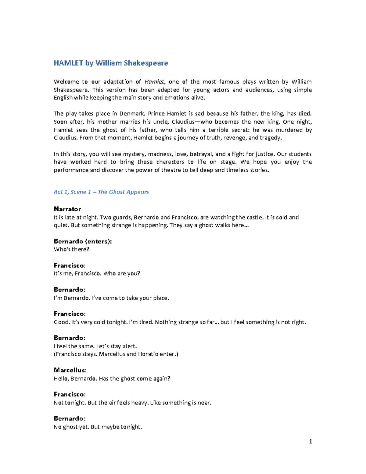 Hamlet A2 B1 Adapted Theatre Script for Young Actors - Studocu