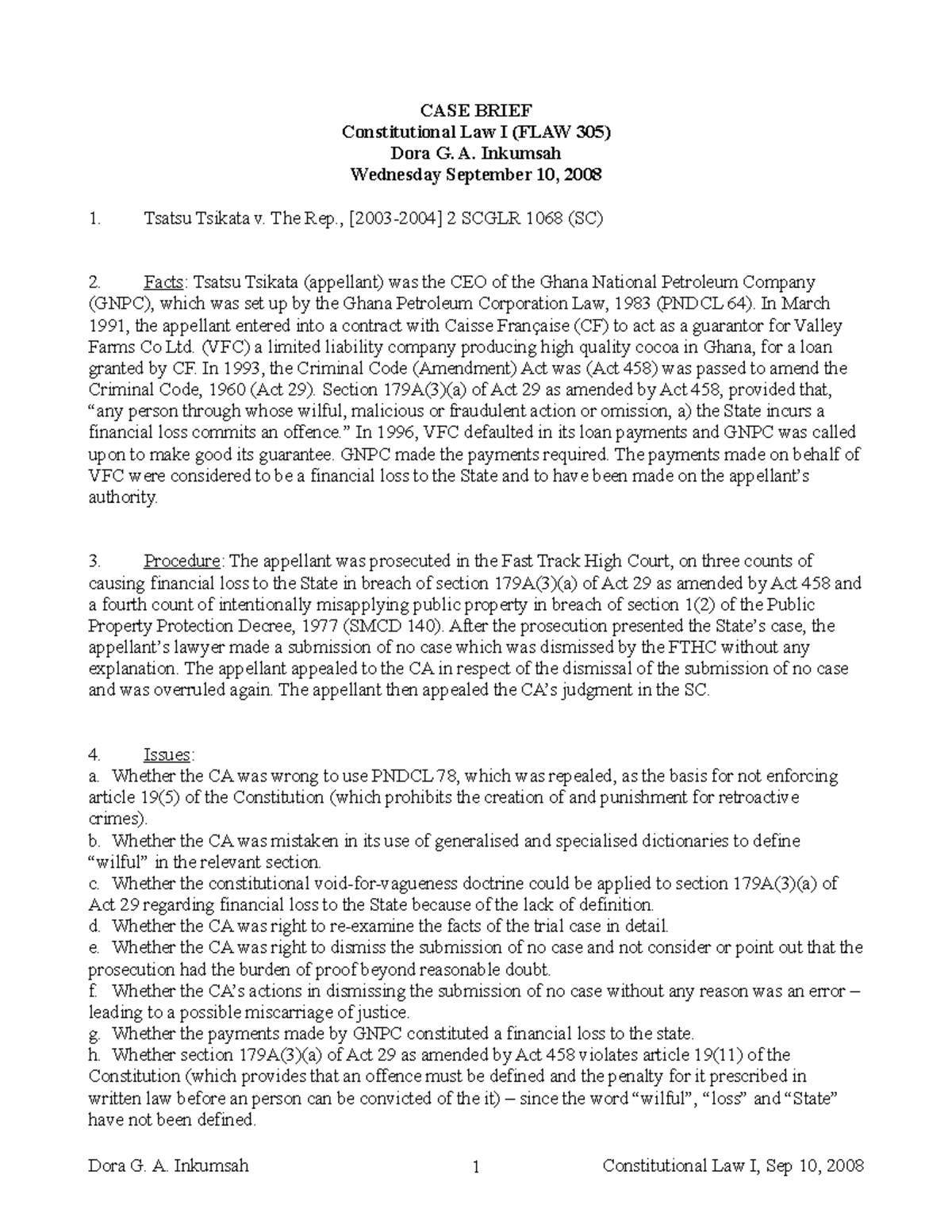 CB FLAW 305: Case Brief on Tsatsu Tsikata v The Rep. (2003-2004) - Studocu
