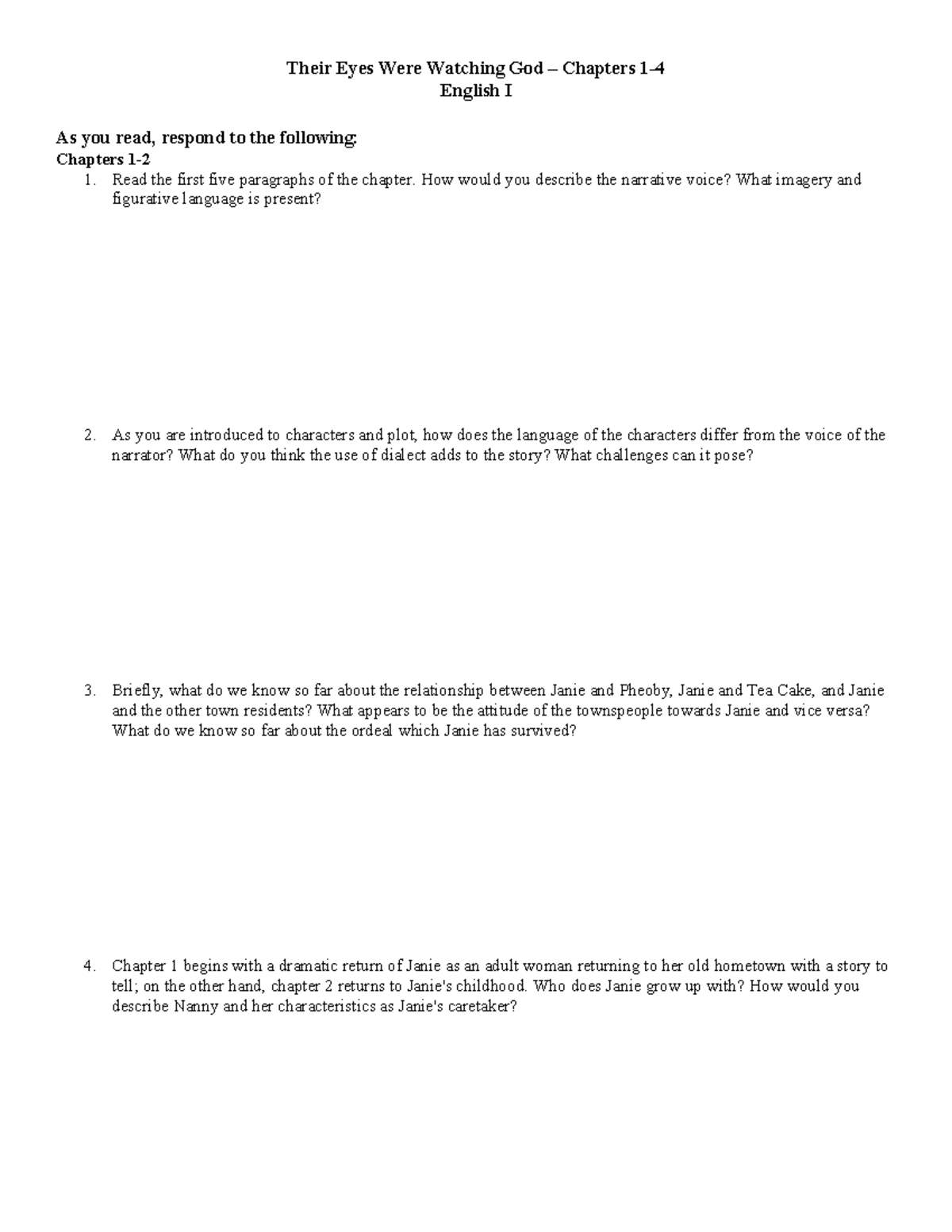 Their Eyes Were Watching God – English I: Ch. 1-4 Discussion Questions ...