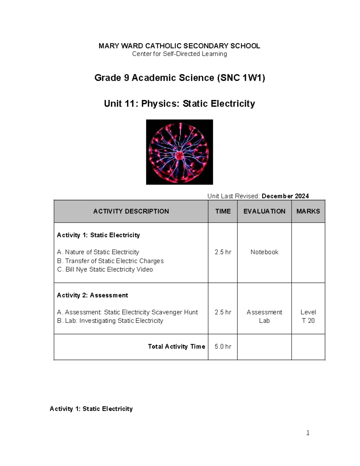 SNC 1W1 - Unit 11 Lab Report: Exploring the Principles of Static ...