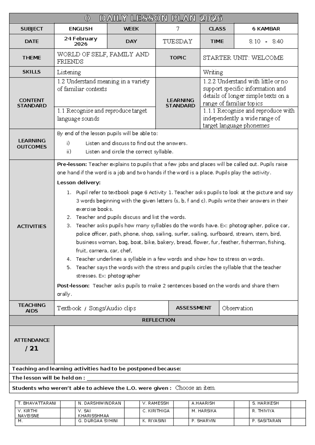 DAILY LESSON PLAN 2026: ENGLISH WEEK 7 - CLASS 6 KAMBAR - Studocu