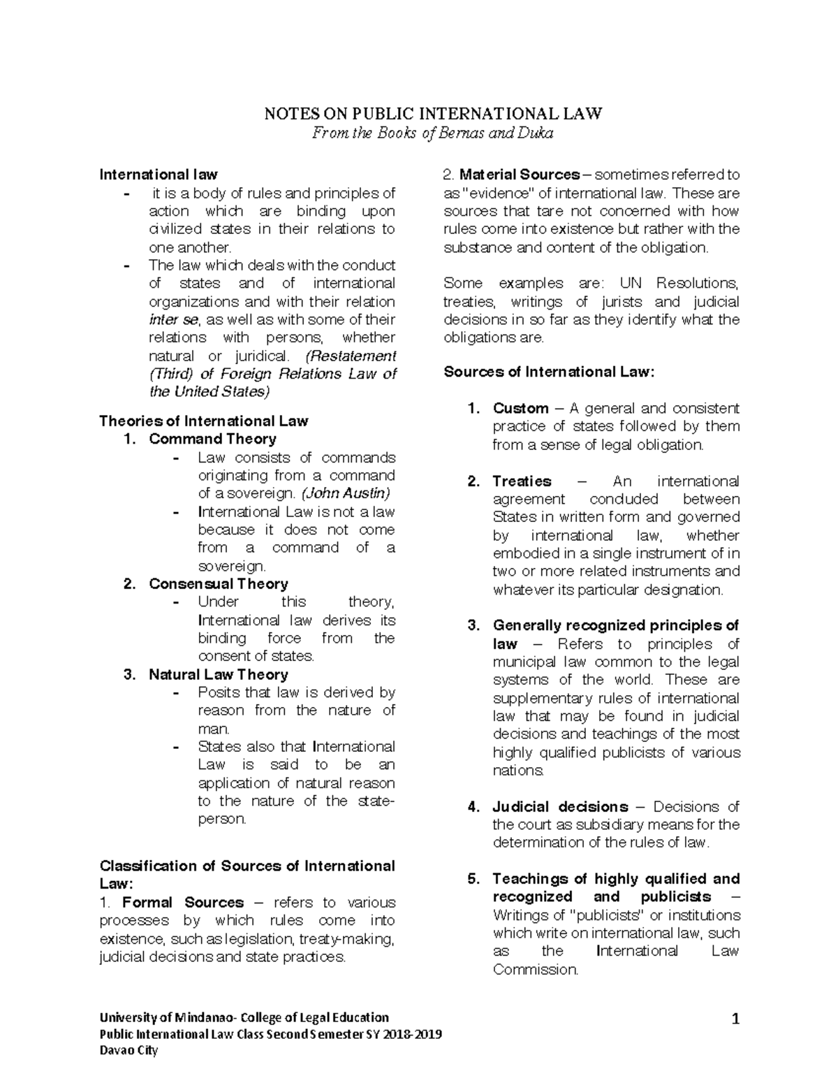 Public International Law Notes (PIL 101) - Sources & Key Concepts - Studocu