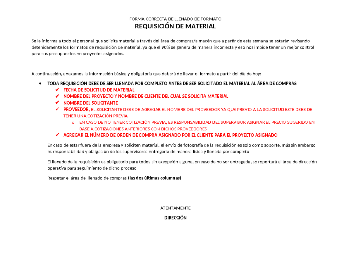 Instrucciones para Llenado de Requisición de Material - Studocu