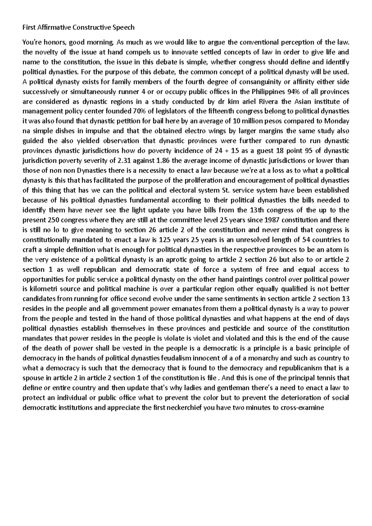First Affirmative Constructive Speech - As much as we would like to ...