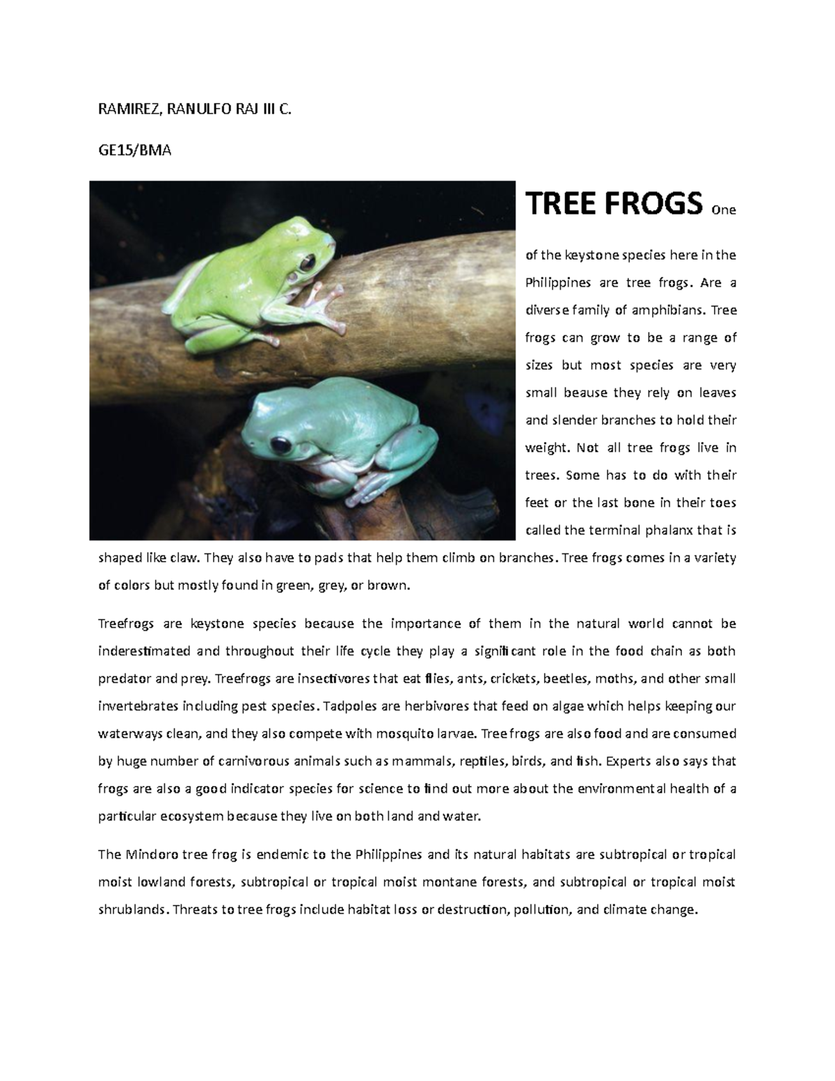Keystone Species: Tree Frogs & Zam Trees in the Philippines (GE15/BMA) - Studocu