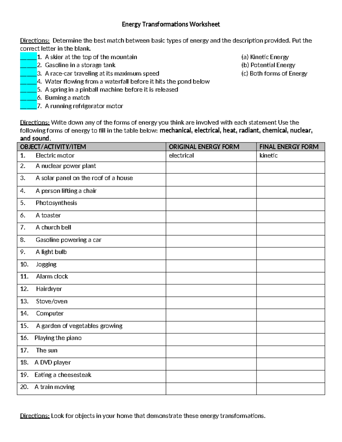 07 Energy Transformations Worksheet – Identifying Energy Types - Studocu