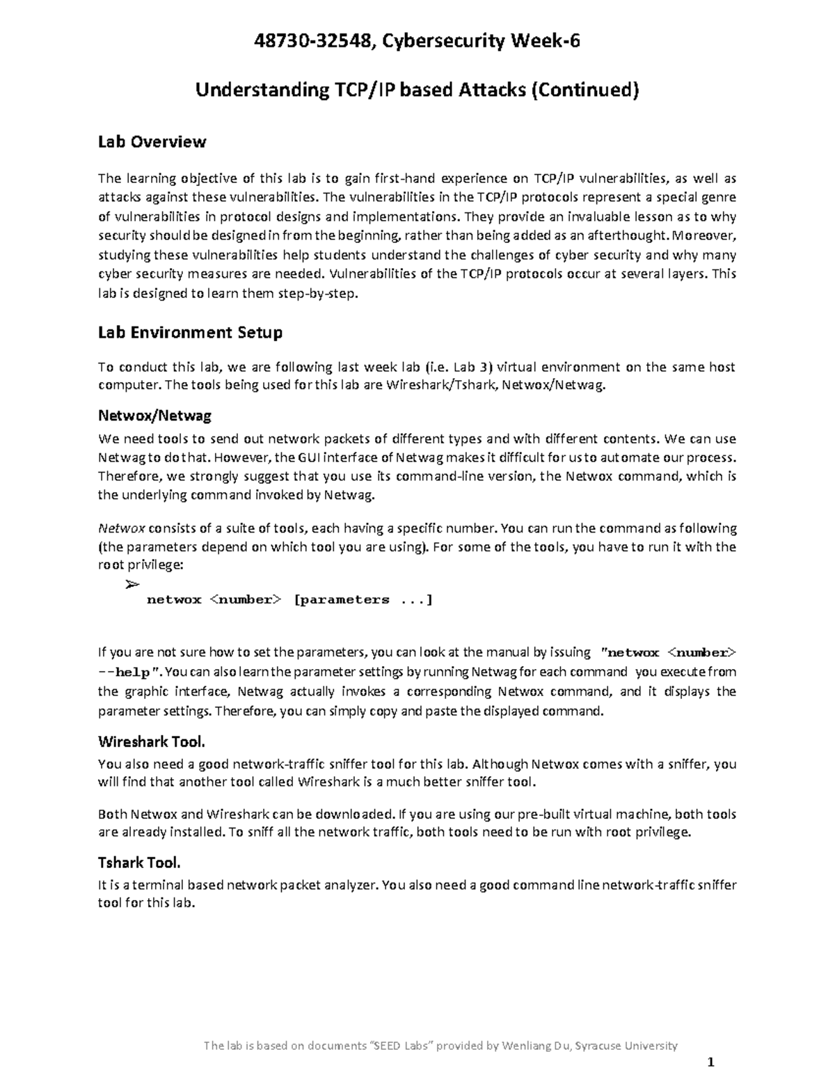 Week 6 Lab TCP IP Security - The lab is based on documents “SEED Labs ...
