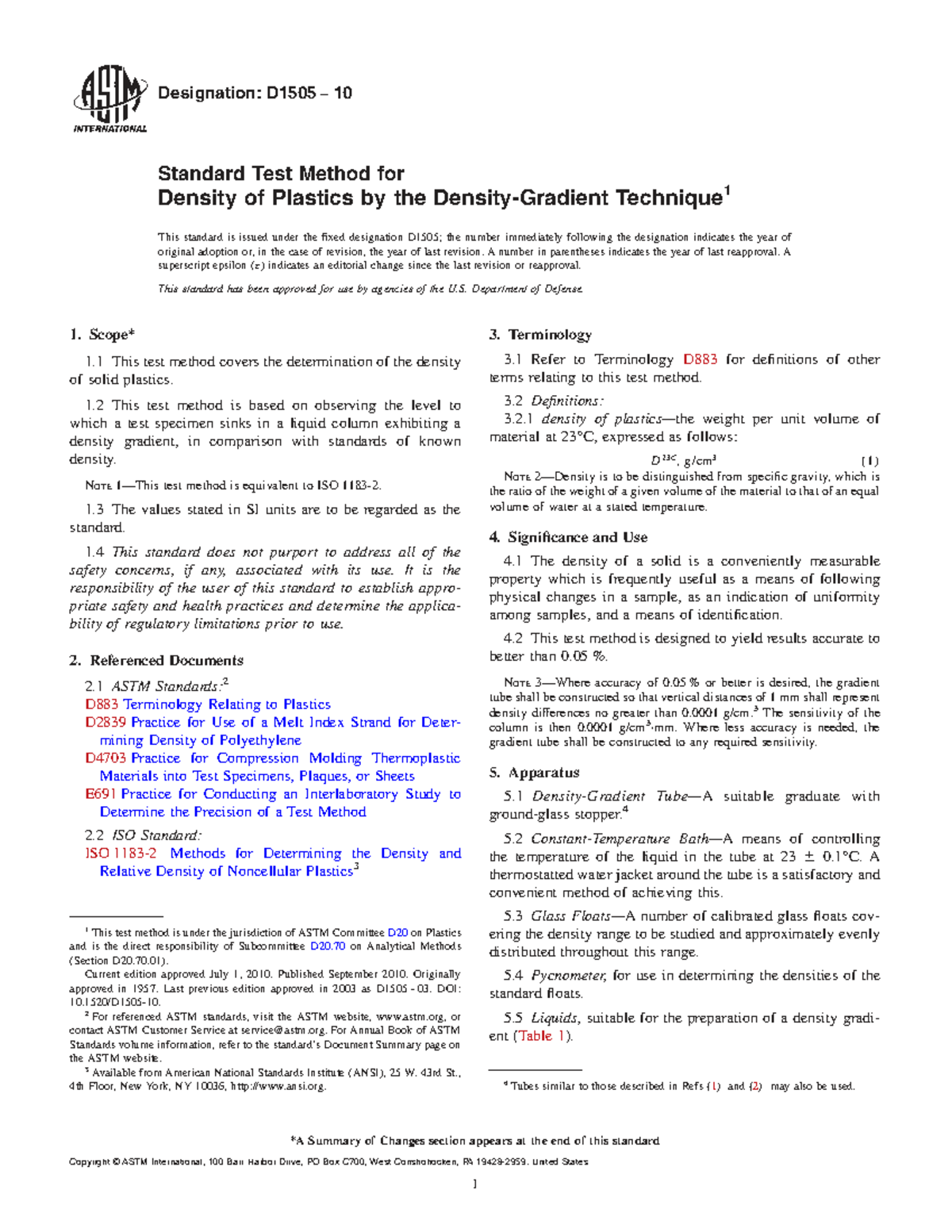 ASTM D1505-10 Standard Test Method for Plastic Density Measurement ...