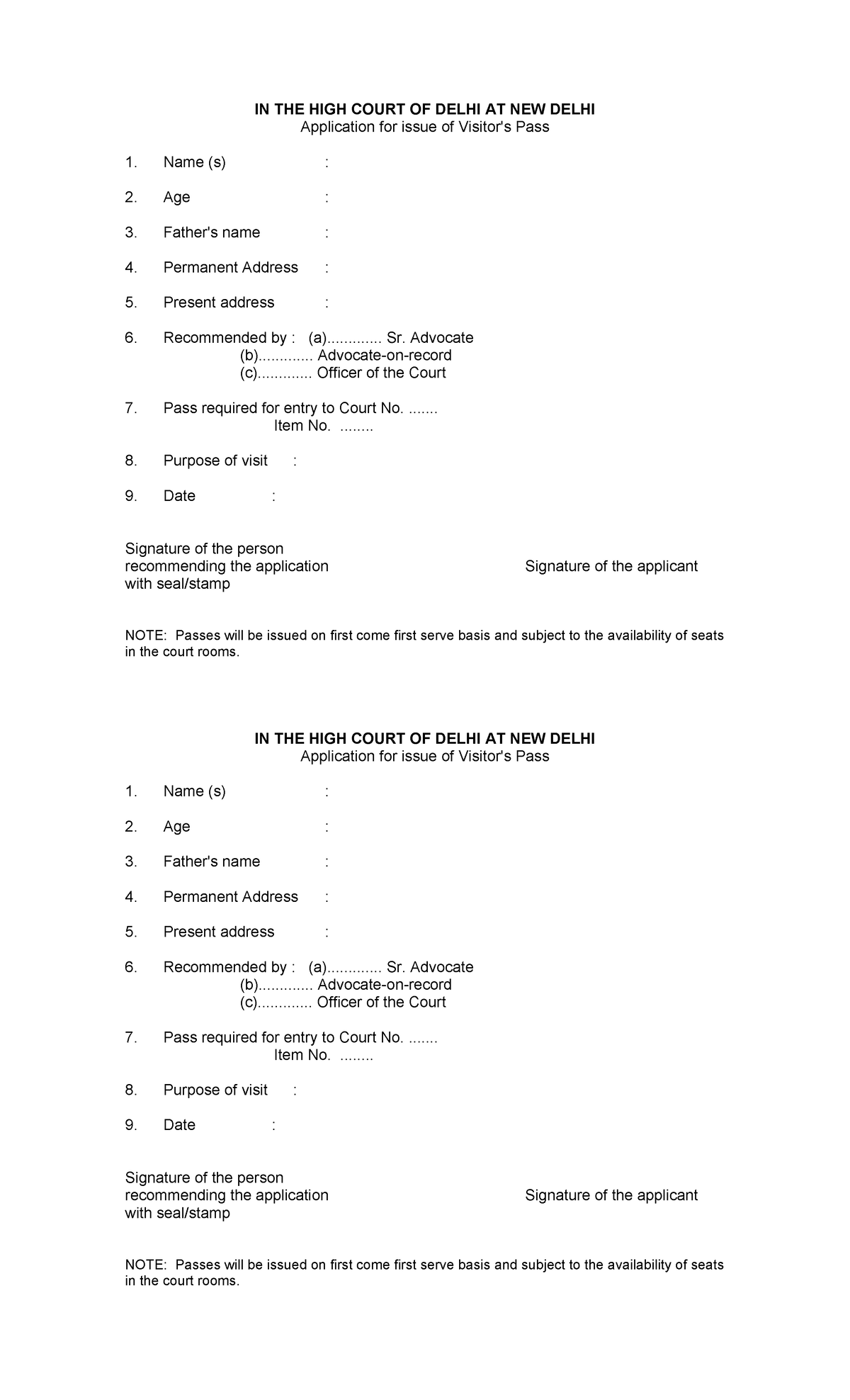 High Court of Delhi Visitor Pass Application Form - Studocu