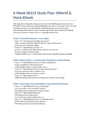 Nclex 6 Week Study Plan With Topics - 6-Week NCLEX Study Plan: UWorld & Mark Klimek This study ...