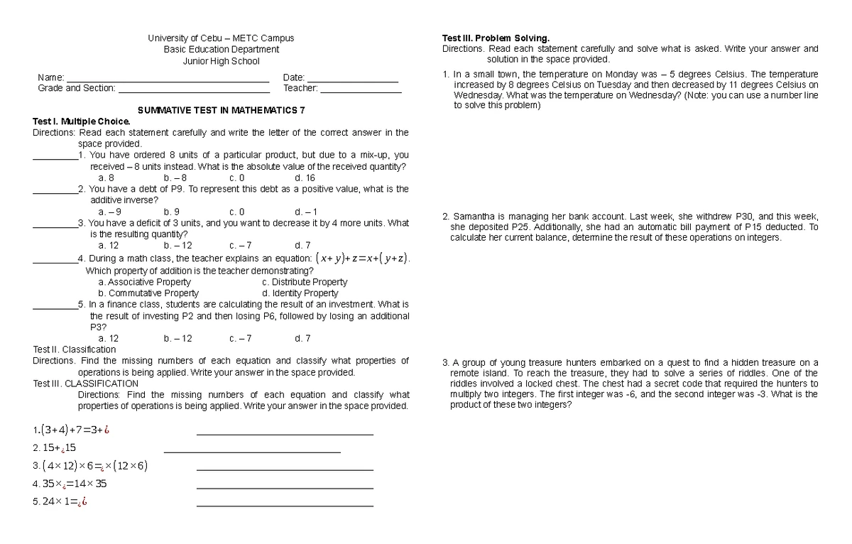 Math 7 Summative Test: Intro to Algebra & Expressions Operations - Studocu