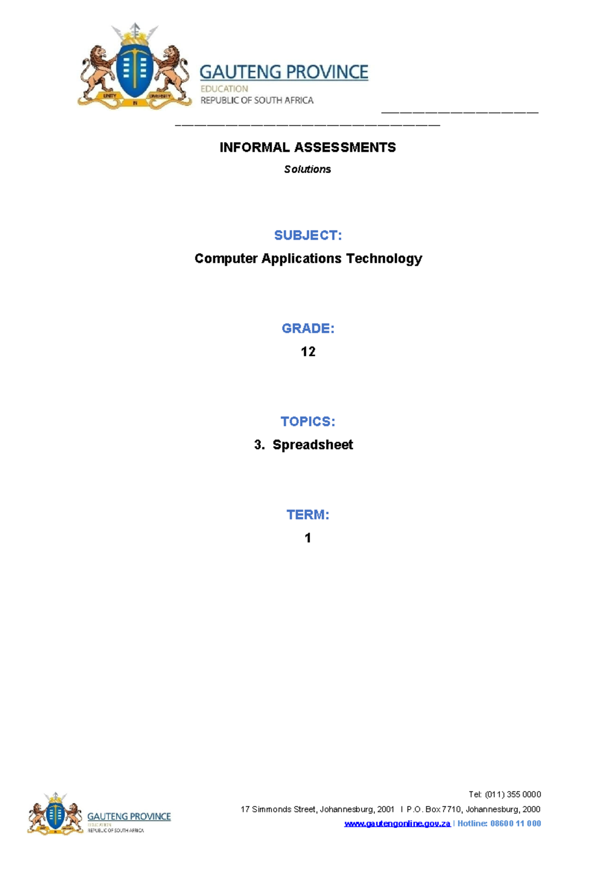 Grade 12 CAT Term 1 Informal Assessment Spreadsheet Solutions - Studocu