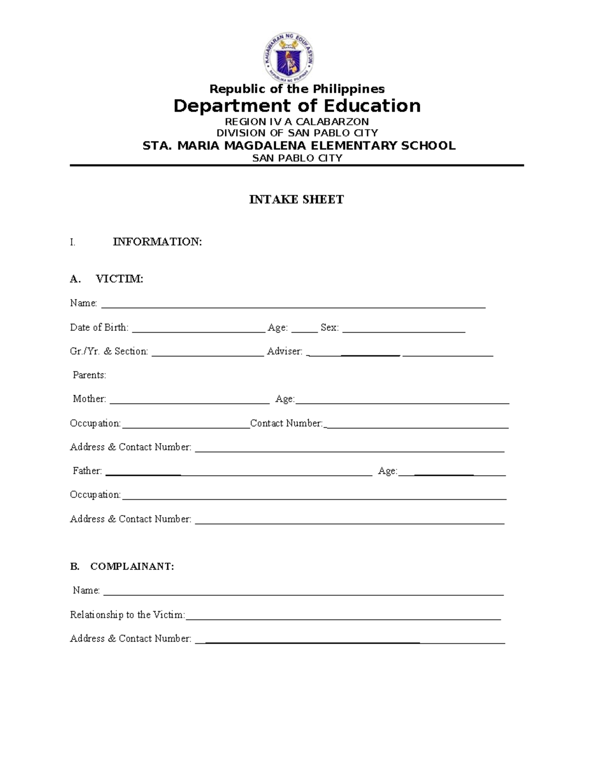Intake Sheet for Victim Reports - Sta. Maria Magdalena Elementary ...