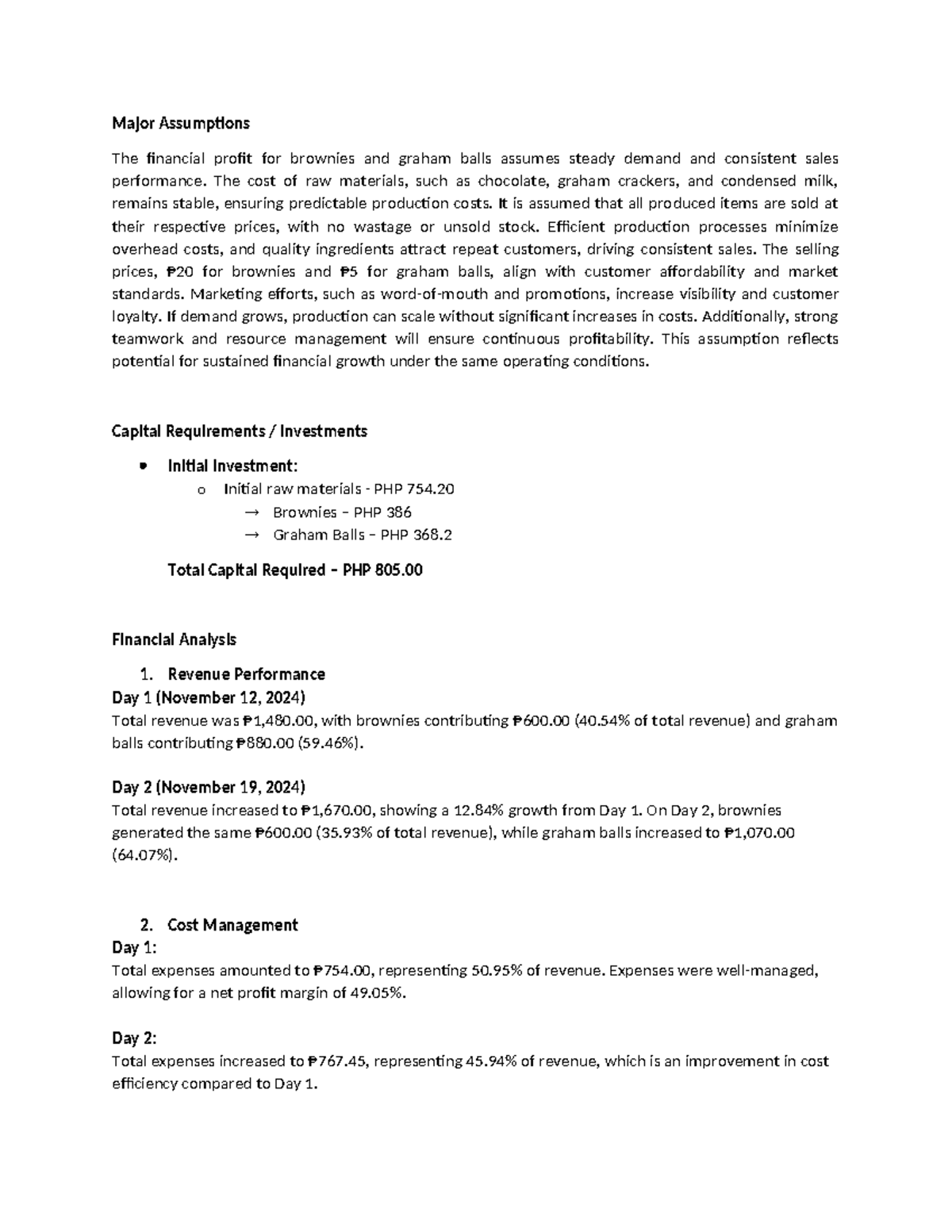 Major Assumptions - financial analysis for graham balls and brownies ...