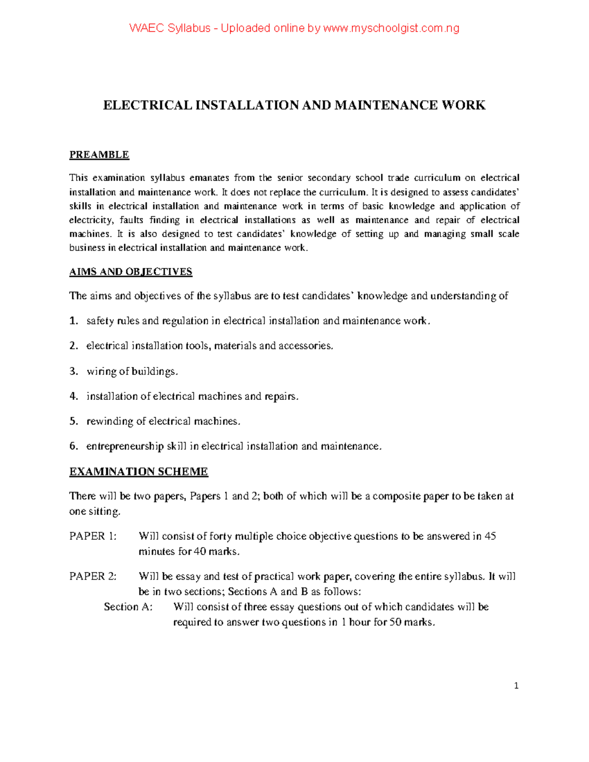 Electrical Installation & Maintenance Work 1: Syllabus Overview - Studocu