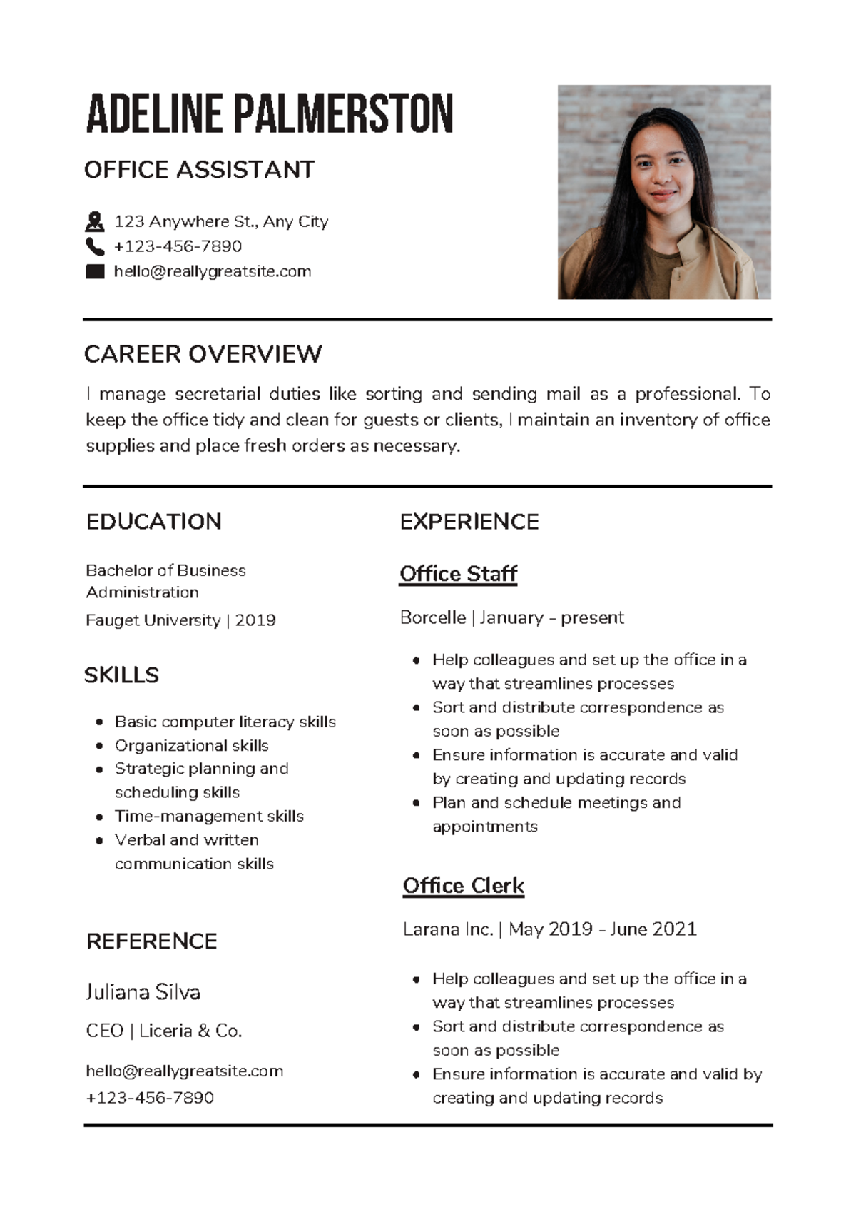 Black and White Simple Office Assistant Resume - ADELINE PALMERSTON 123 ...