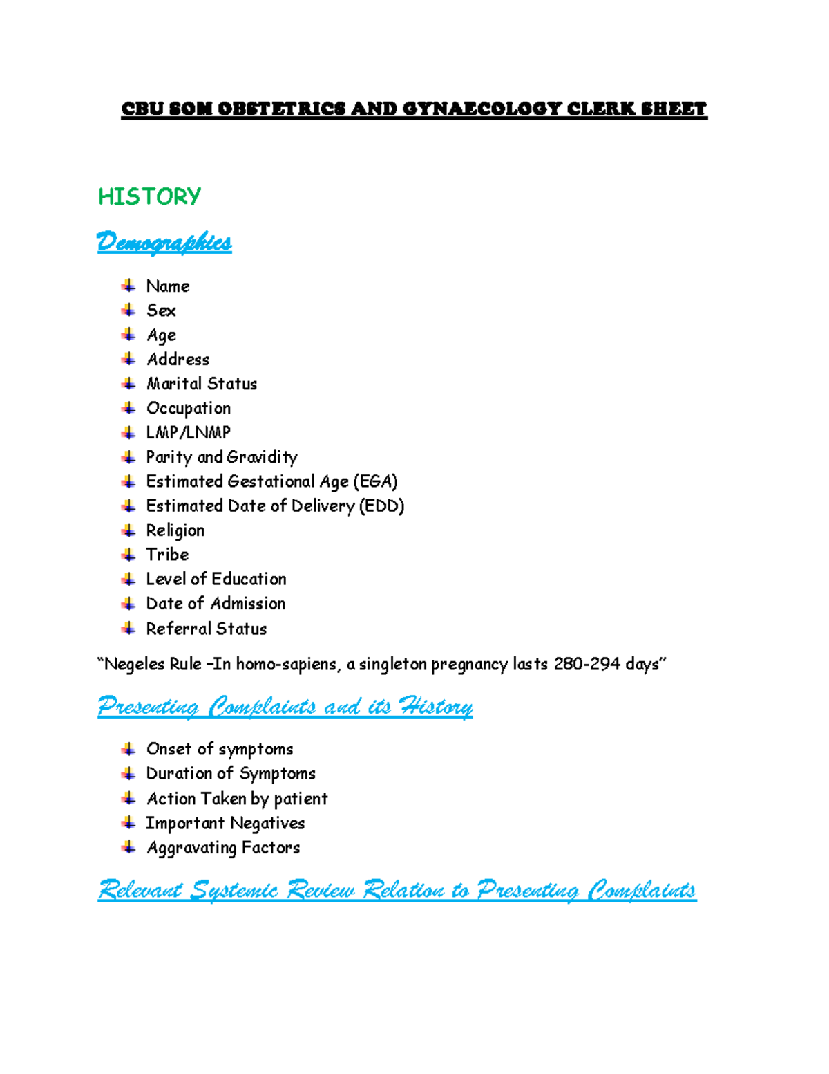 CBU SOM OBSTETRICS AND GYNAECOLOGY CLERK SHEET NOTES - Studocu