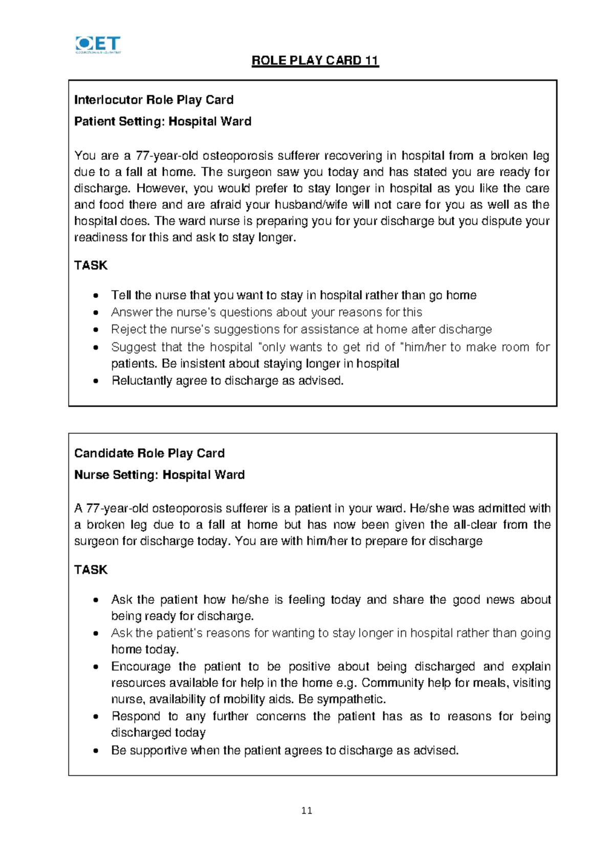 OET Role Play Card 11: Patient Discharge Scenario in Hospital - Studocu