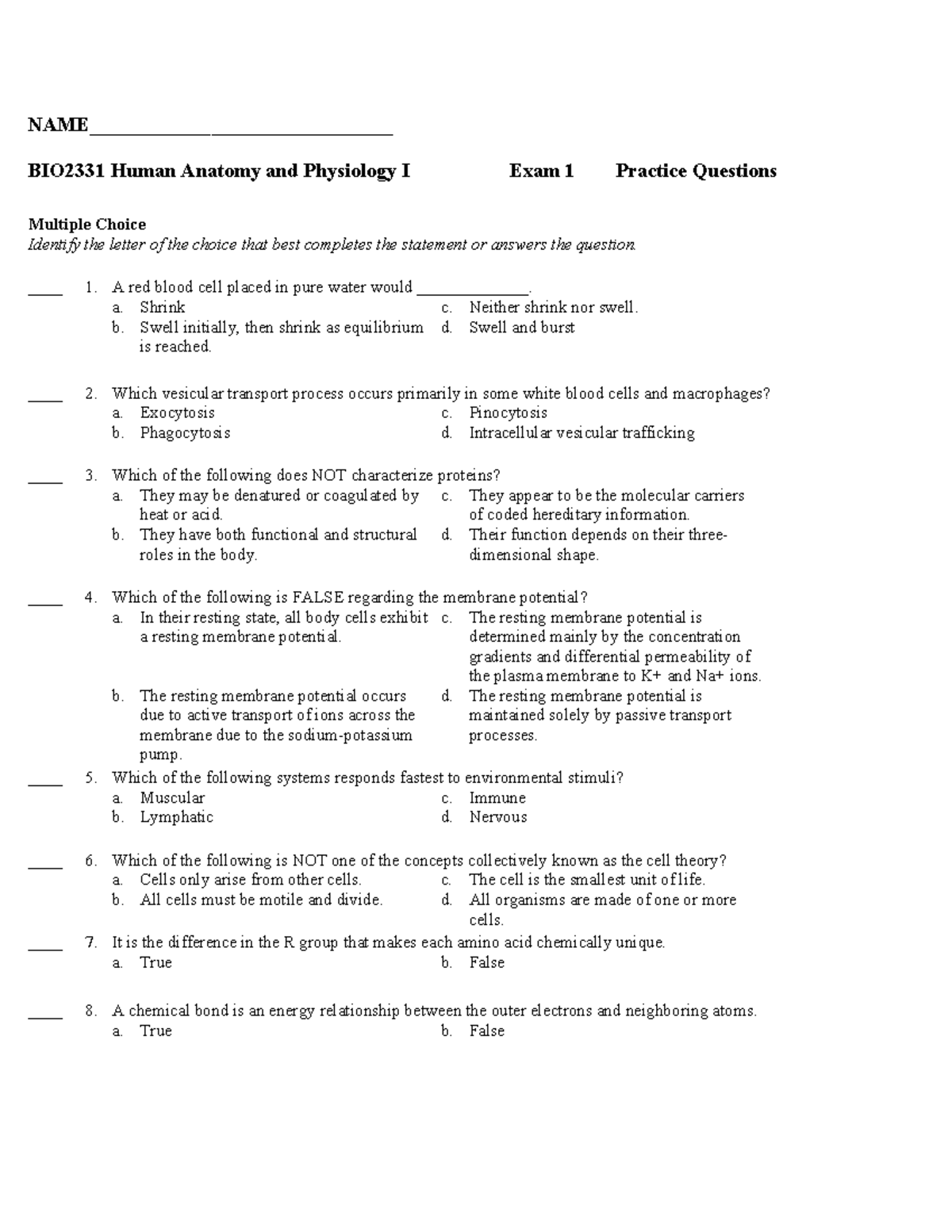 BIO2331 Human Anatomy & Physiology I Exam 1 Practice Questions - Studocu