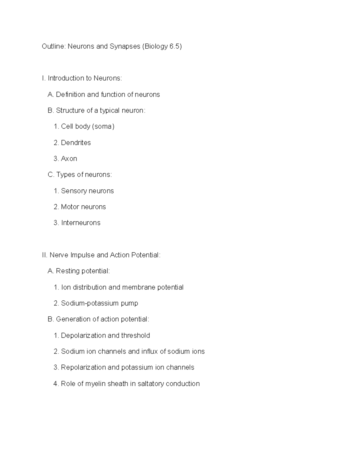 Study Guide: Neurons and Synapses Overview (Biology 6.5) - Studocu