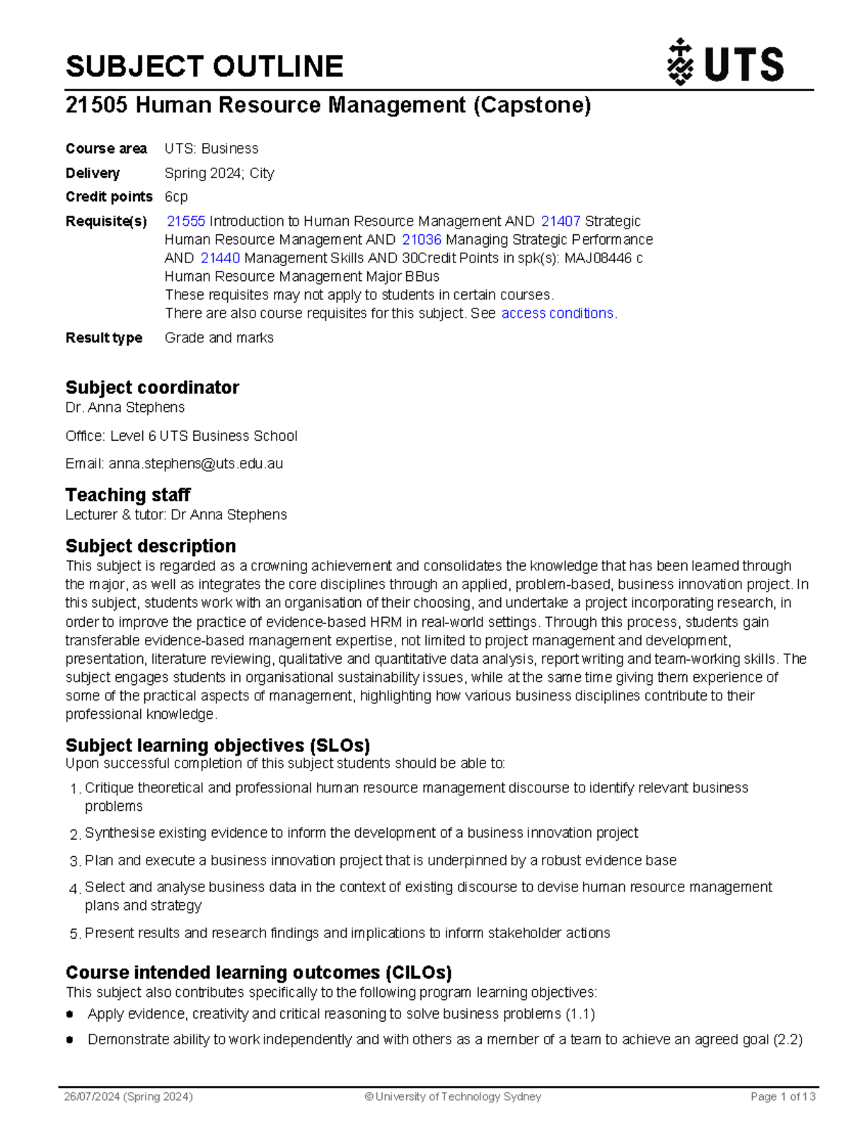 21505 Human Resource Management Capstone Subject Outline - Spring 2024 ...