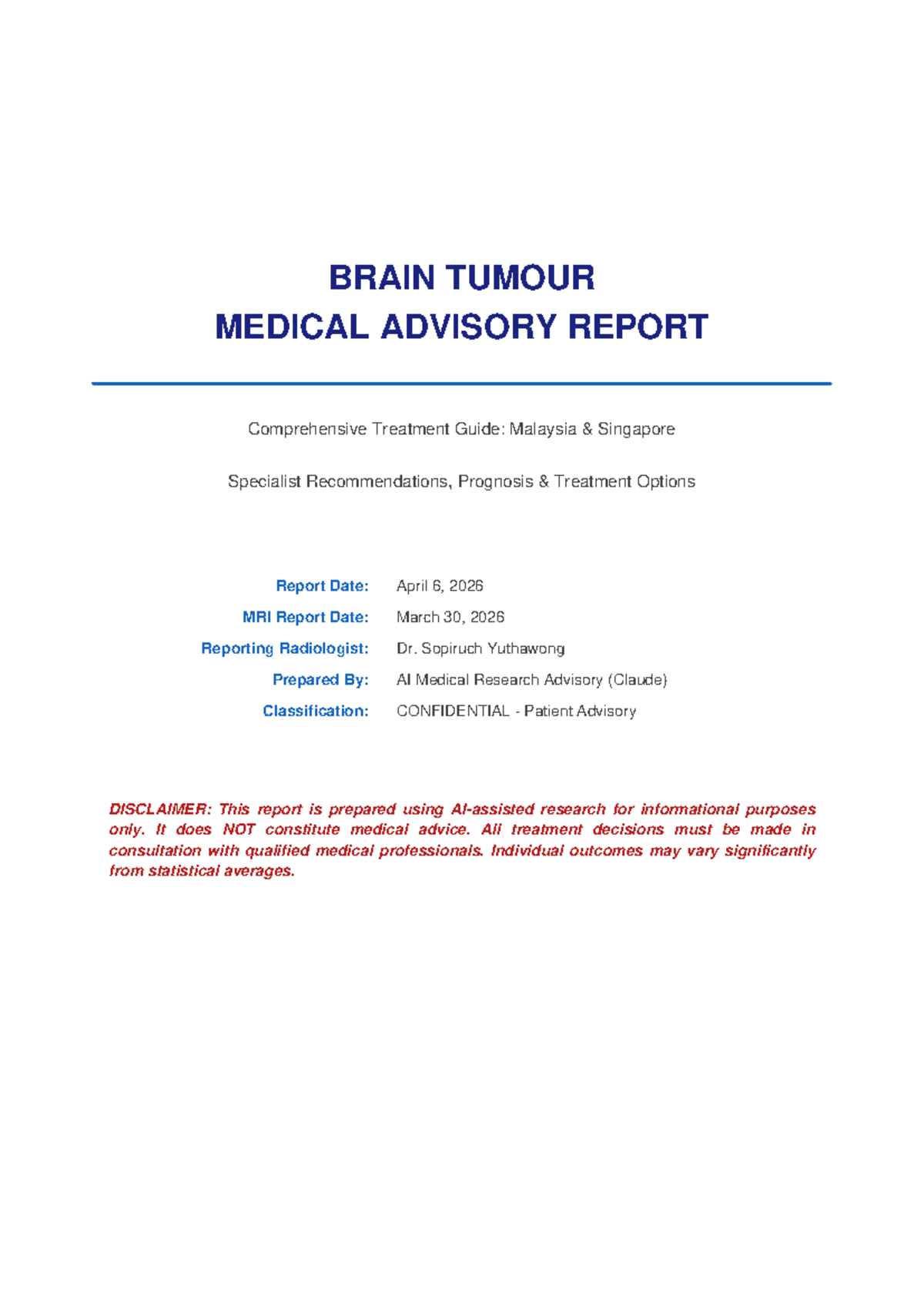 Brain Tumour Medical Advisory Report: Treatment Guide & Prognosis (2026 ...