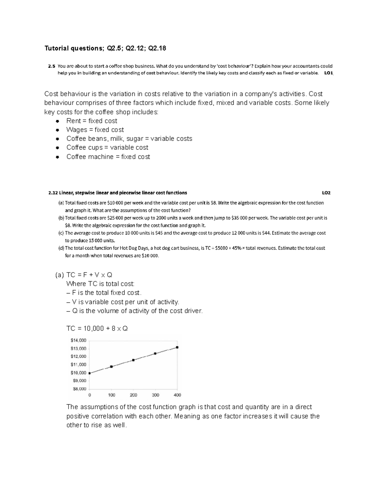 Tut 2 - n/a - Tutorial questions; Q2; Q2; Q2. Cost behaviour is the ...