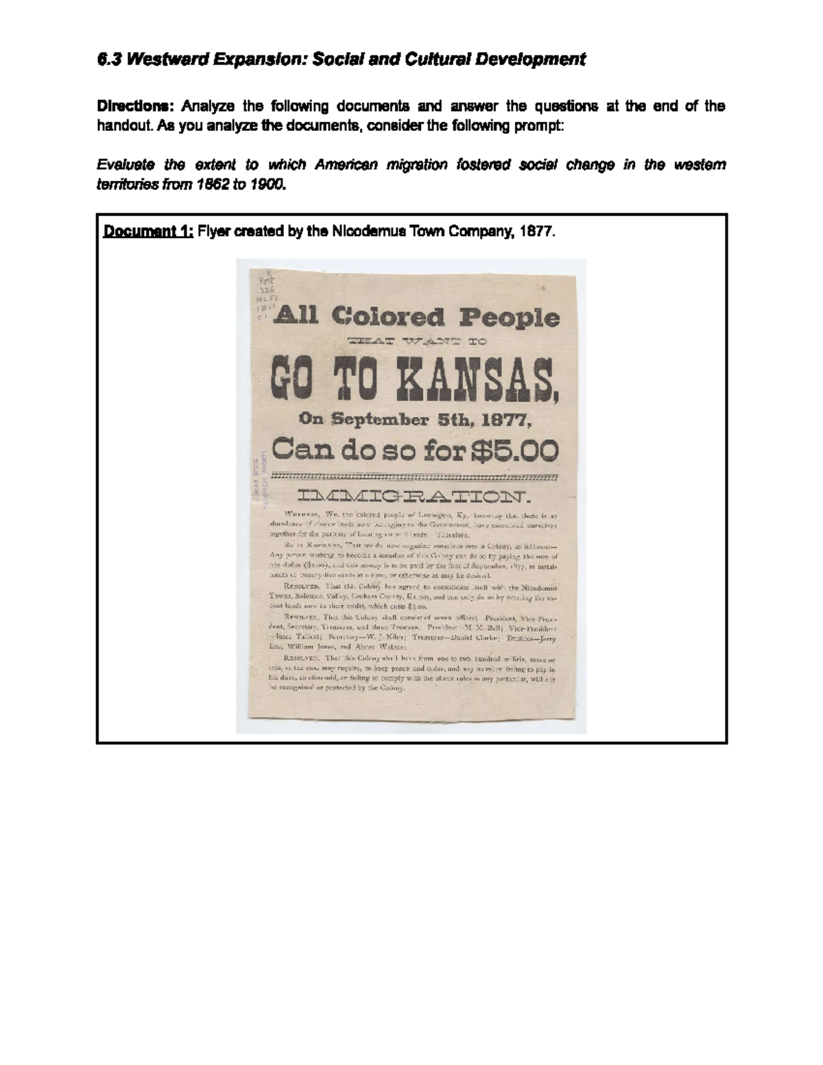 6.3 Westward Expansion: Social Change in the West (1862-1900) DBQ - Studocu
