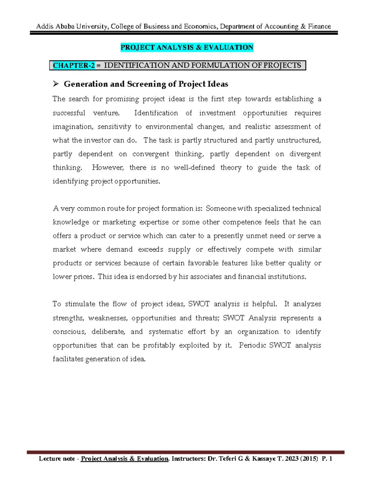 Ch. 2 - Project Idea Generation & Screening Methods Analysis - Studocu