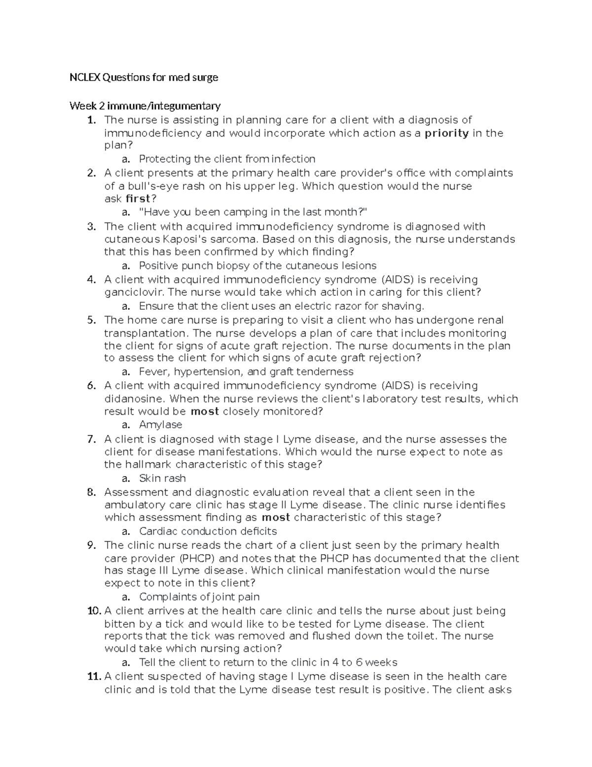 NCLEX Med Surge Questions: Immune/Integumentary Focus - Studocu