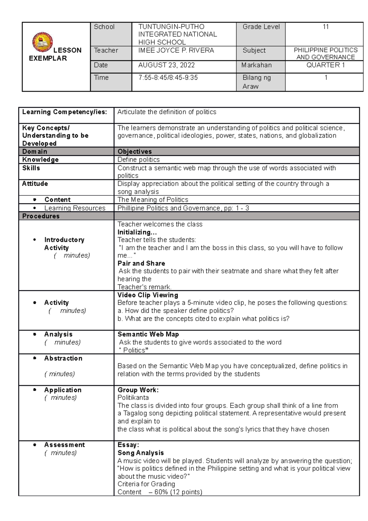 Lesson Exemplar Q1: PPG Module 1 - Understanding Politics and ...