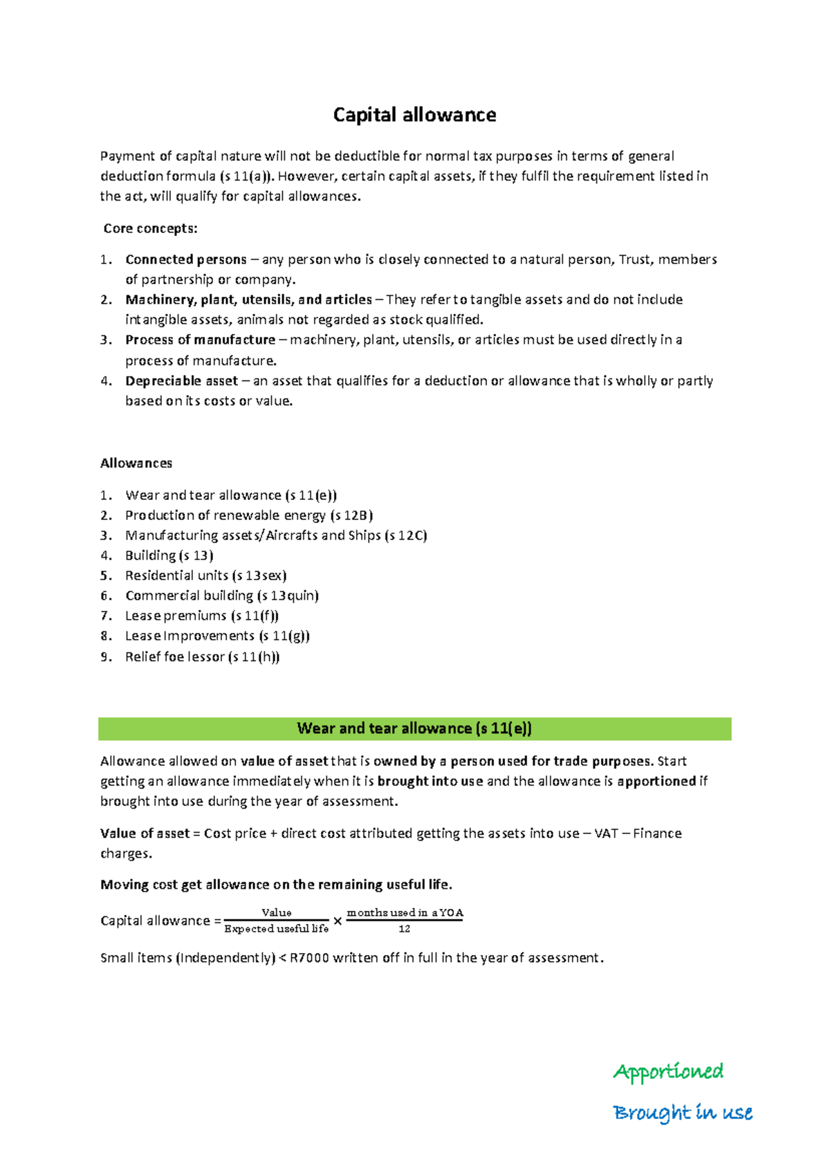 Capital Allowance - Notes - Capital allowance Payment of capital nature ...