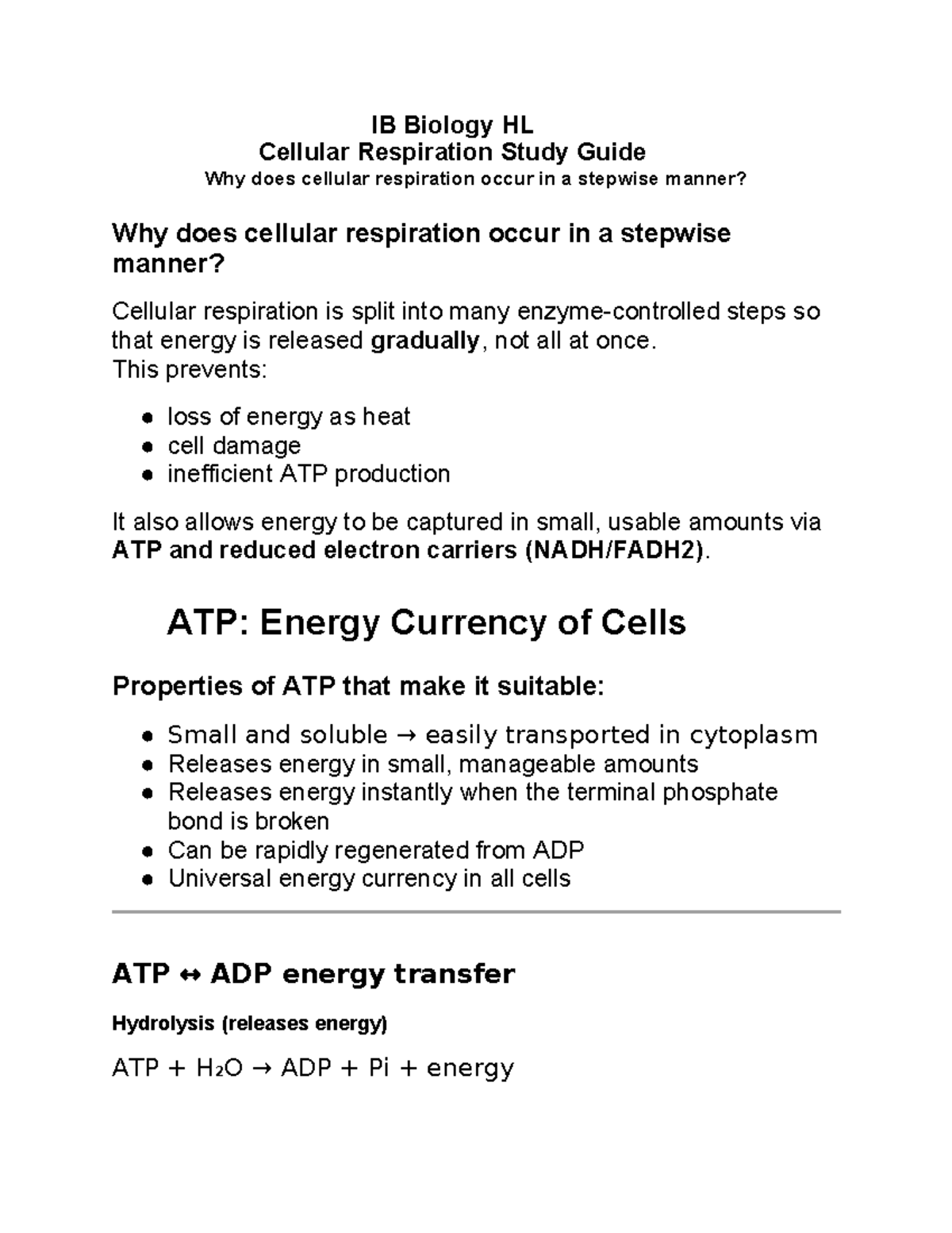 IB Biology HL Cellular Respiration Study Guide & Mock Exam - Studocu