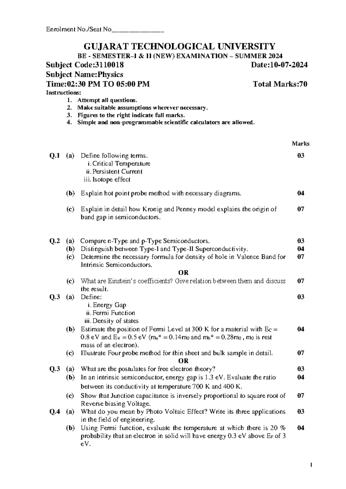 Physics BE II Exam Summer 2024 - Subject Code: 3110018 - Studocu