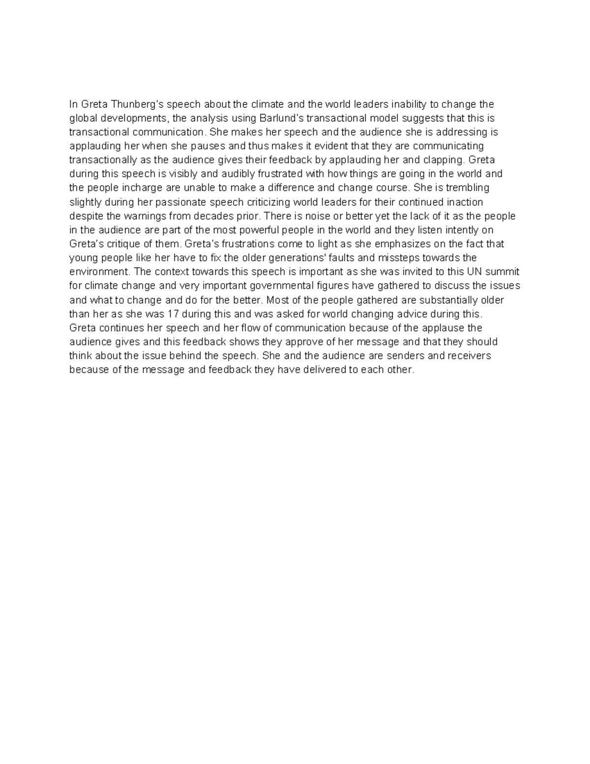 Barlund's Transactional Model: Analyzing Greta Thunberg's Speech - Studocu