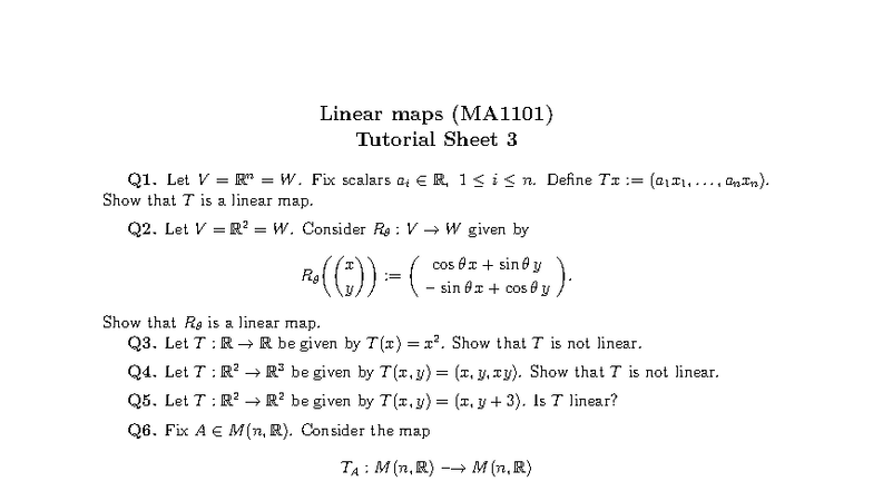 MA1101 Tutorial Sheet 3: Linear Maps and Functionals - Studocu
