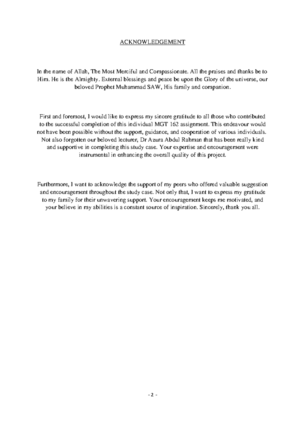 MGT 162- IND. Assignmen - ACKNOWLEDGEMENT In the name of Allah, The ...