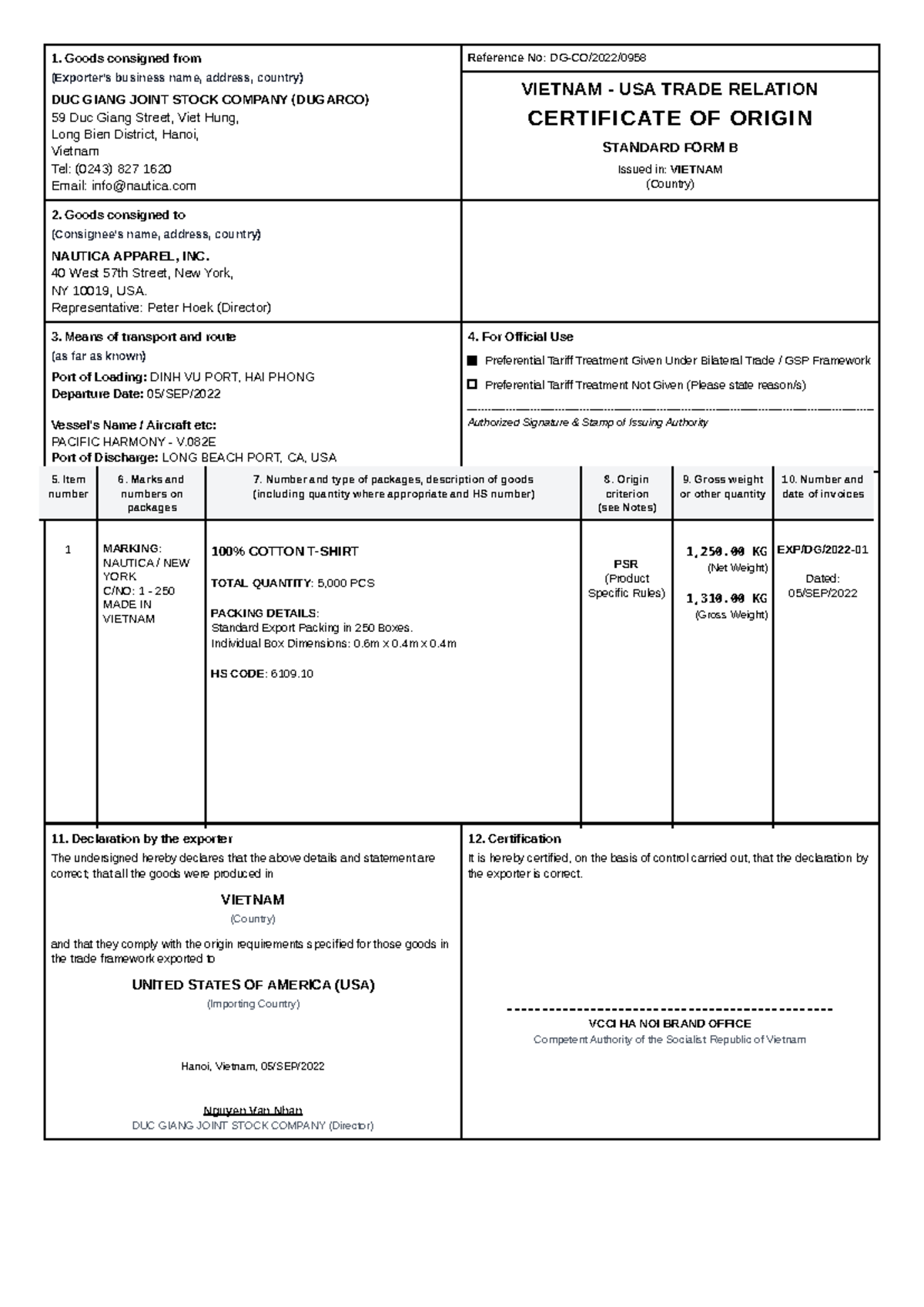 Certificate of Origin for Goods from Dugarco to Nautica Apparel - Studocu