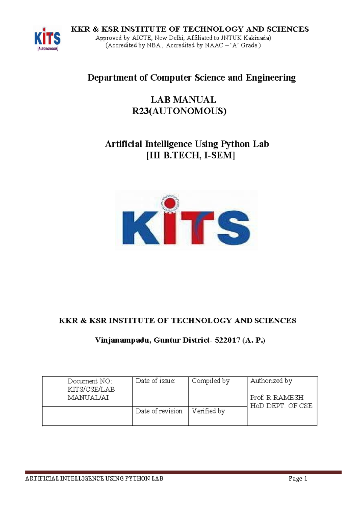 Artificial Intelligence Using Python Lab Manual - B.Tech R23 - Studocu