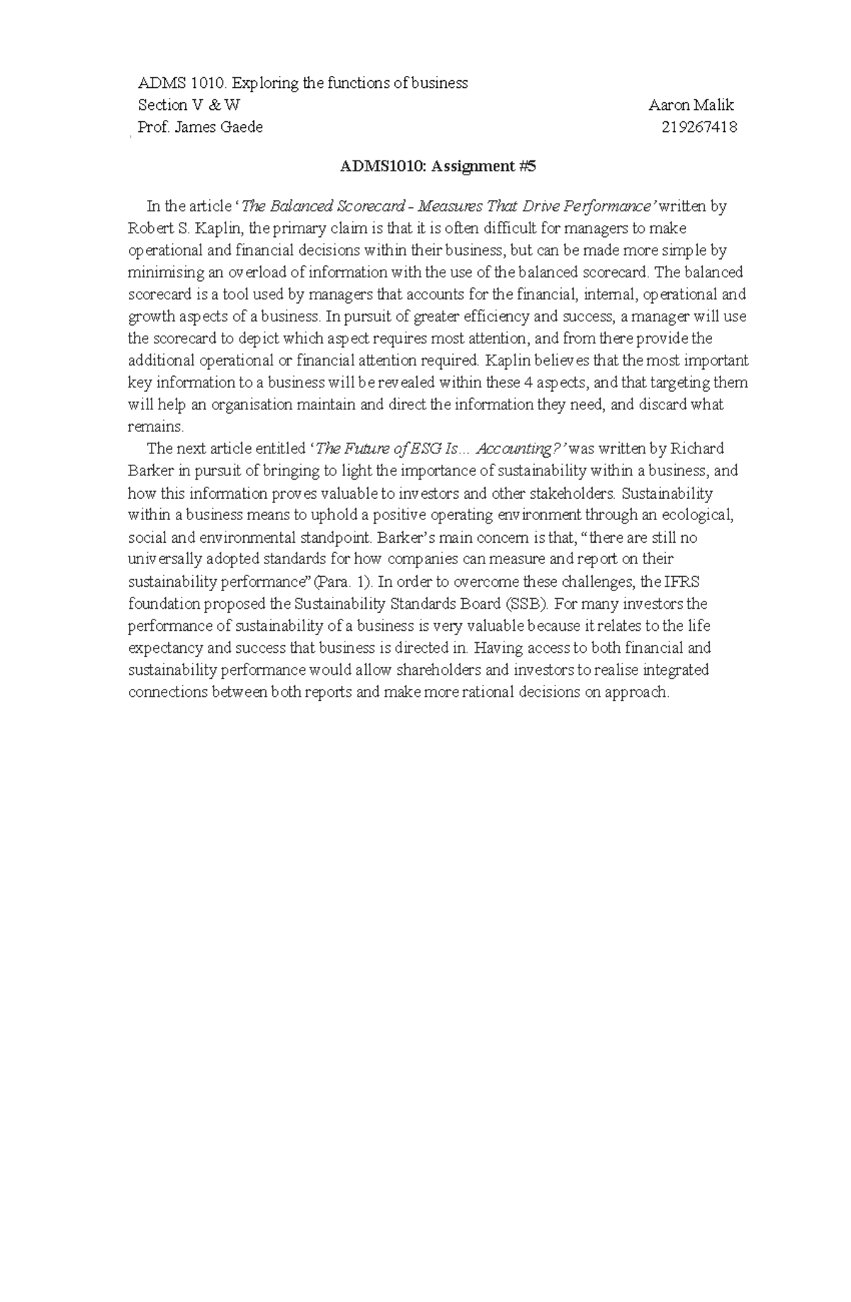 ADMS1010 Assignment #5 - ADMS 1010. Exploring the functions of business Section V & W Aaron ...