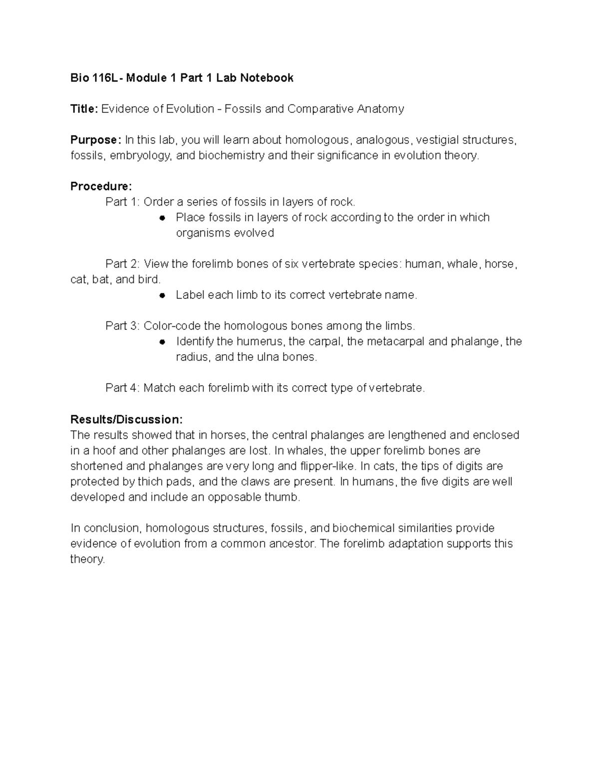 Bio 116l Module 1 Part 1 Lab Notebook Bio 116l Module 1 Part 1 Lab Notebook Title Evidence