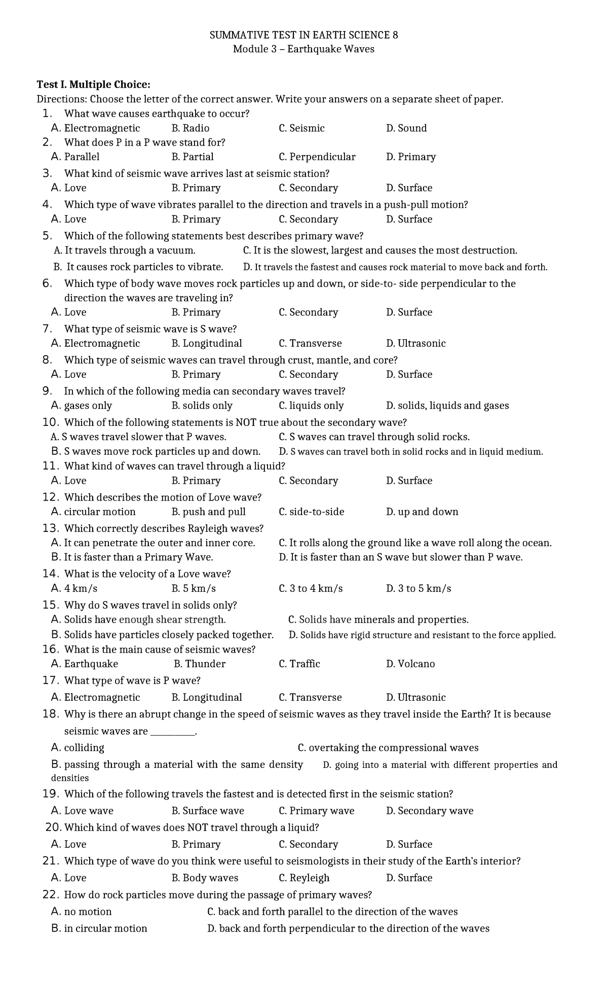 Summative Test - Earth Science 8: Earthquakes Epicenter & Magnitude ...