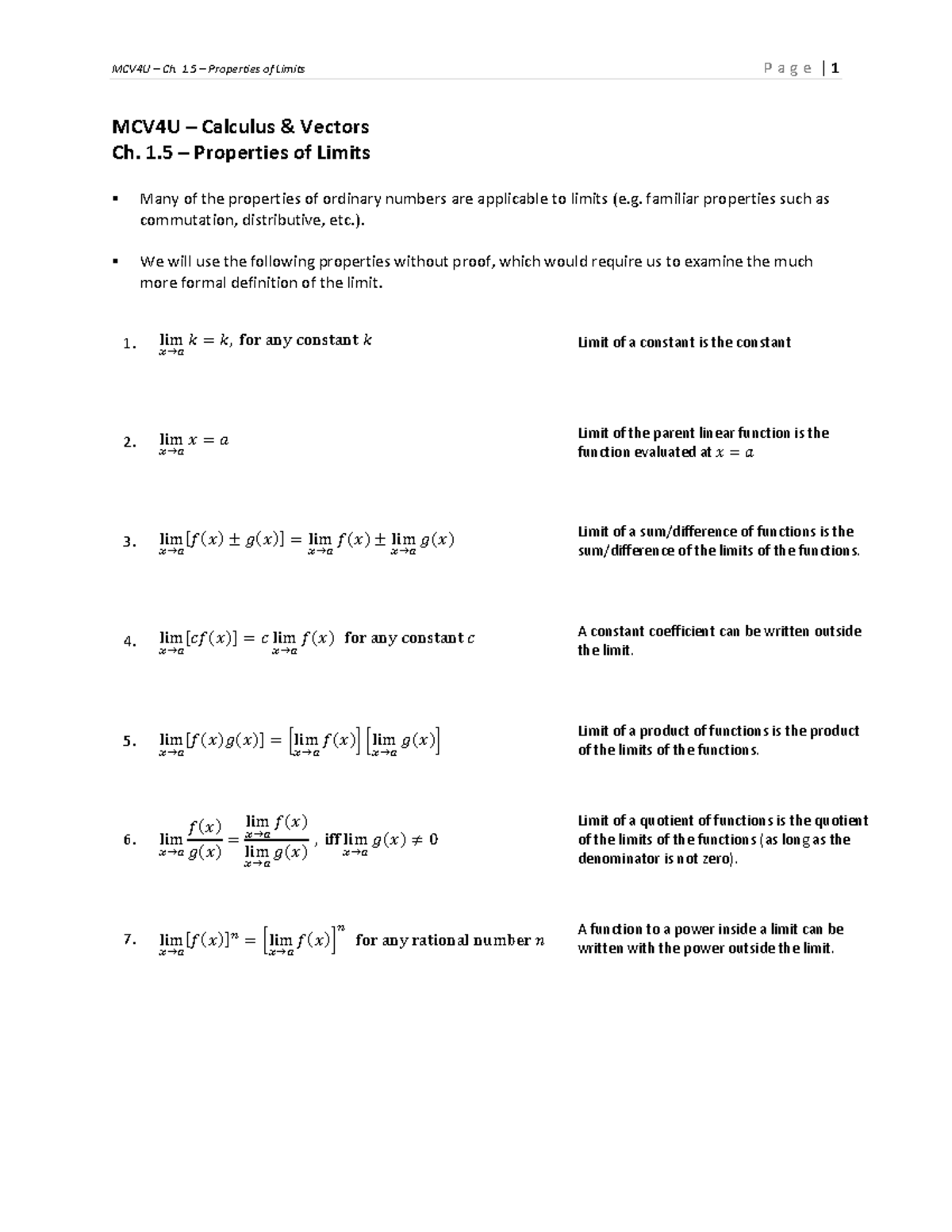MCV4U - Ch. 1.5 Properties of Limits and Indeterminate Forms - Studocu