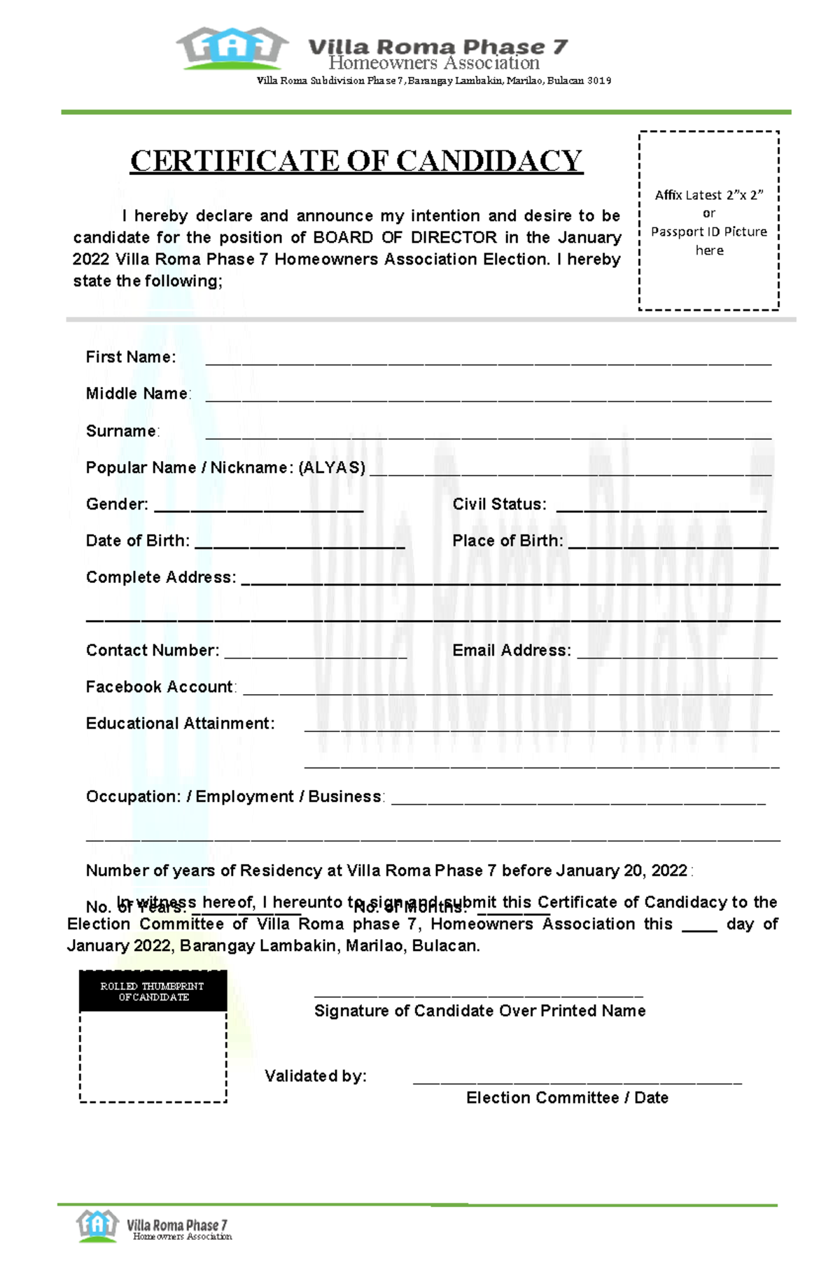 Sample Certificate of Candidacy - HOA Election Jan 2022 - Studocu
