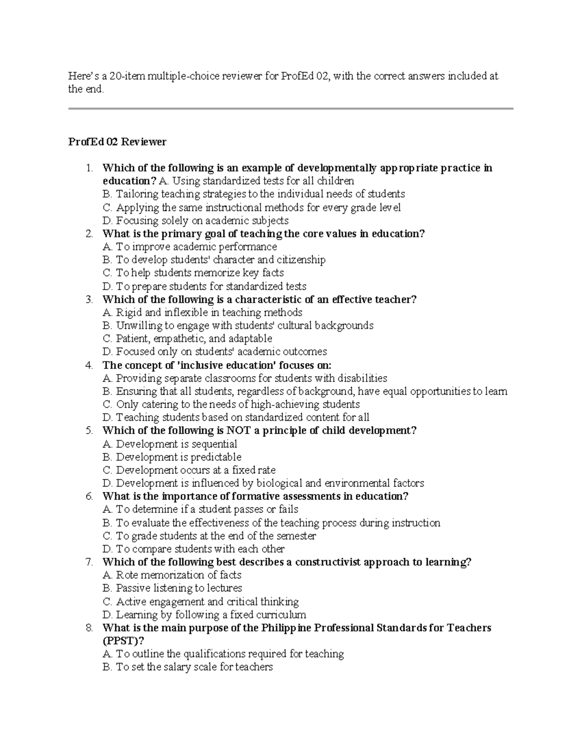 Profed 01 Reviewer - Here’s a 20-item multiple-choice reviewer for ...